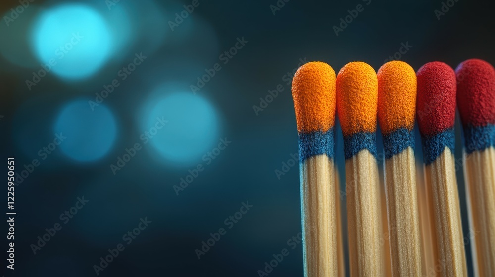 Brightly colored matchsticks stand in a row with distinct tips of ...