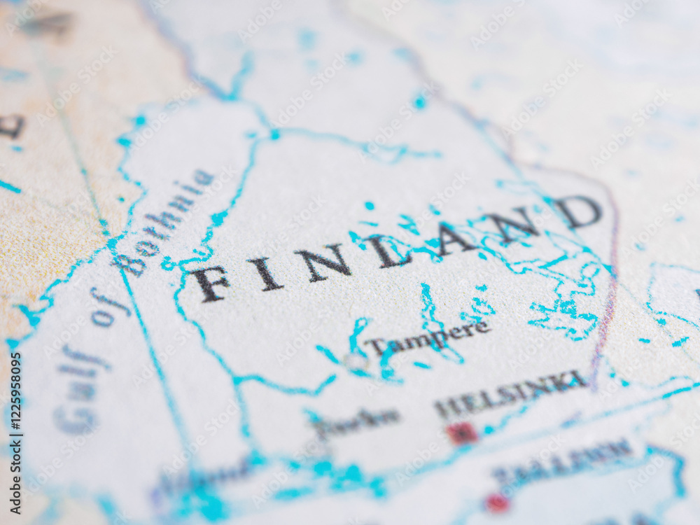 Finland highlighted on a world map. Its shape and location in relation ...