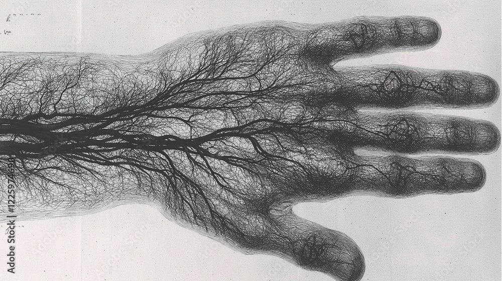 Detailed black-and-white X-ray representation of a human hand ...