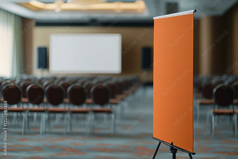 Pull-up banner mockup in empty conference hall, ready for corporate ...