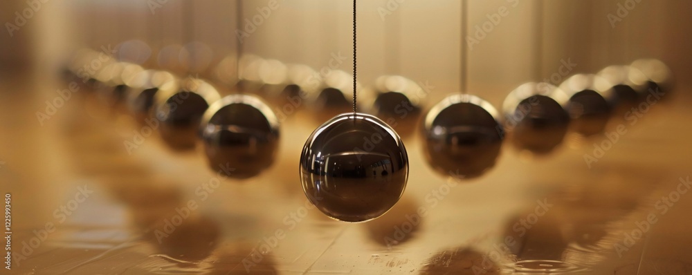 Multiple silver balls are swinging from strings, demonstrating the ...