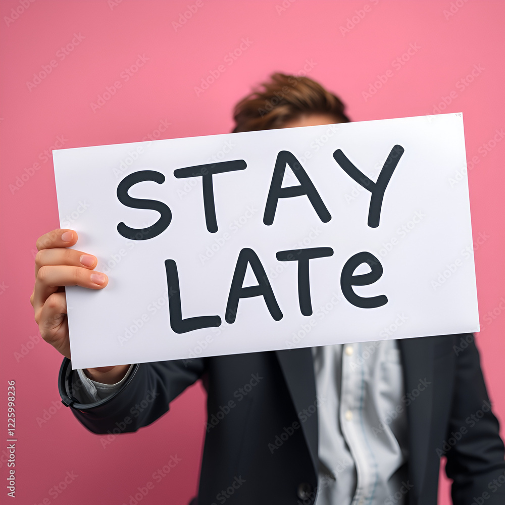 Text sign showing Stay Late. Conceptual photo A routine in which a ...