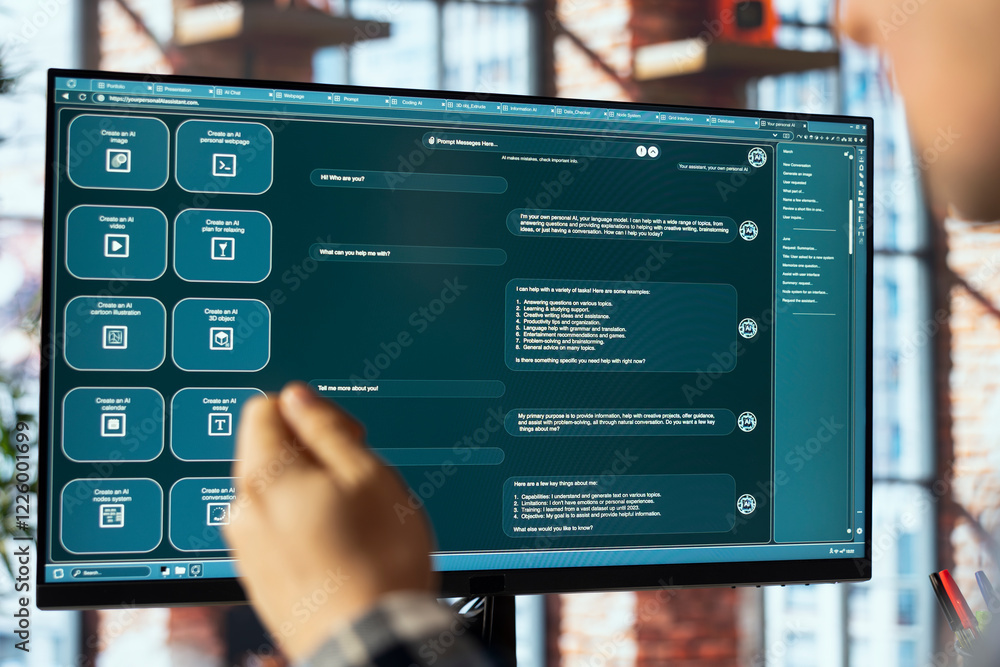 Man in home office uses large language model generative AI chatbot able ...