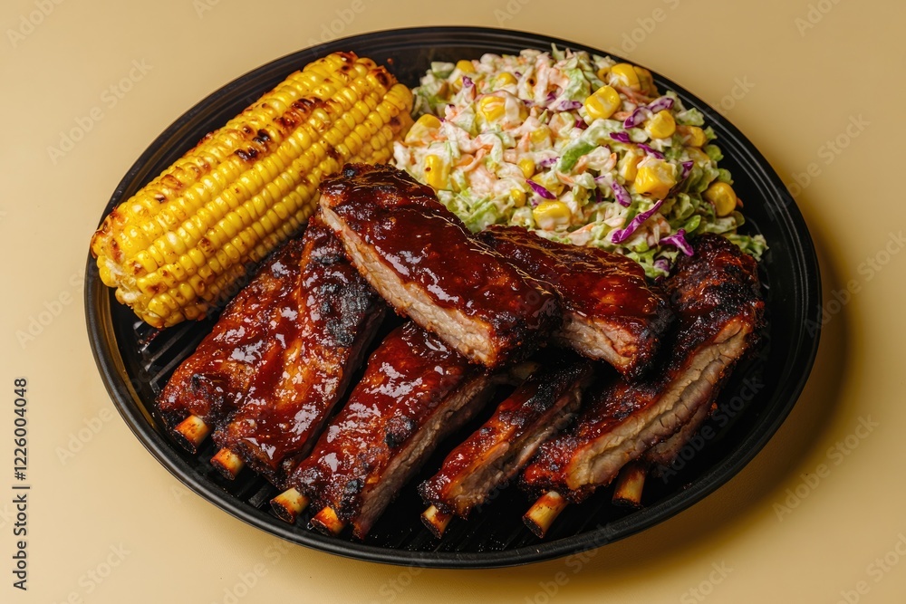 top-down view of grill platter featuring smoky ribs glazed with ...