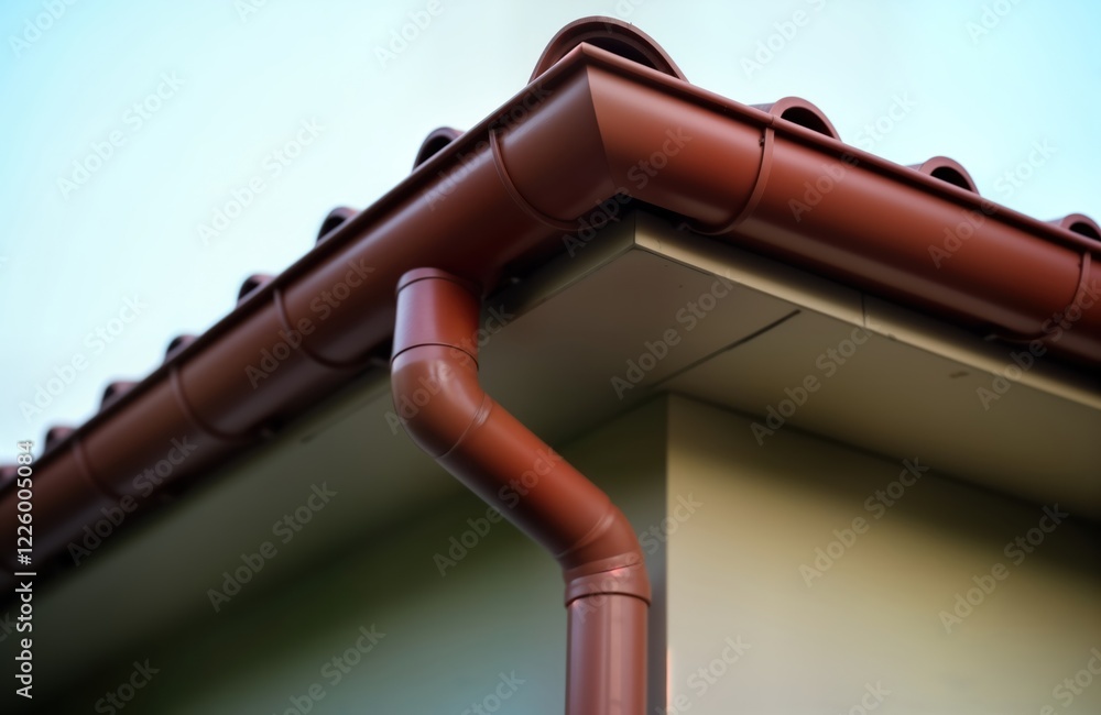 Brown plastic gutter system installed on house roof overhang against ...