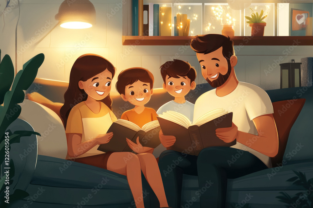 Ilustracja bez tantiem: happy family reading books together on cozy ...
