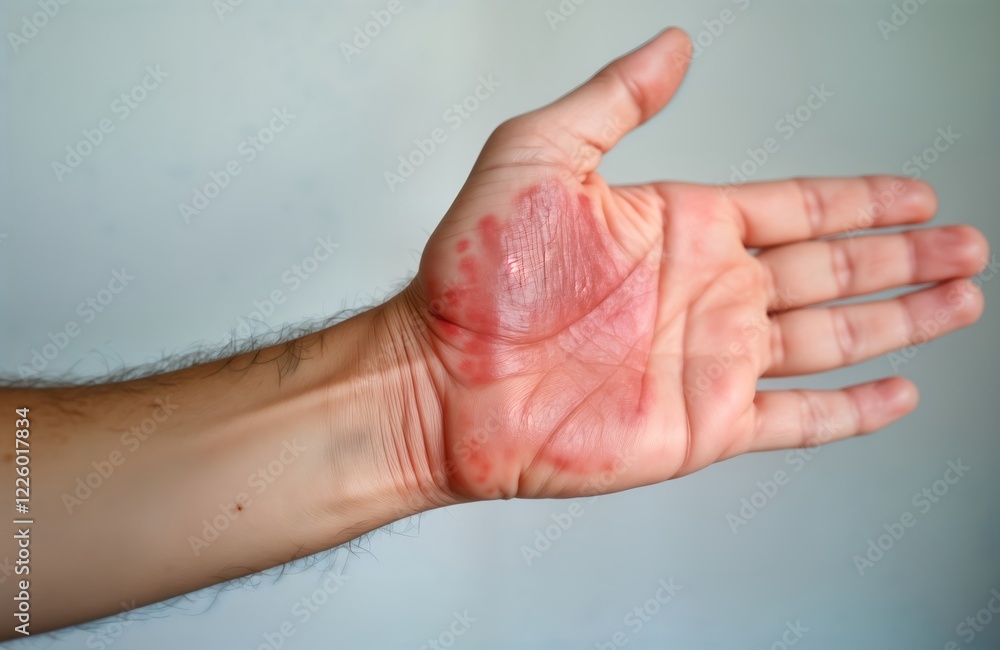 Closeup of mans hand. Hand shows large rash. Reddish spots ...