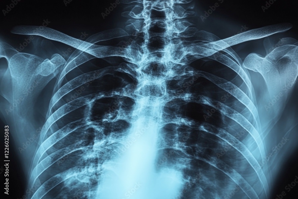 Chest X-ray displaying human skeletal structure with highlighted spine ...