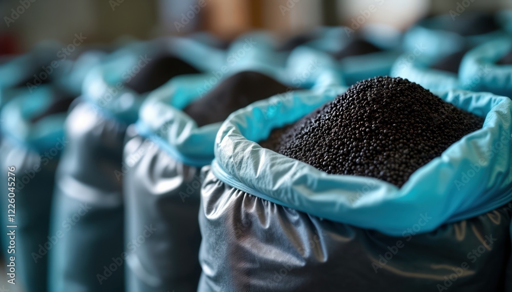 Dark black recycled plastic pellets fill many large industrial bags ...
