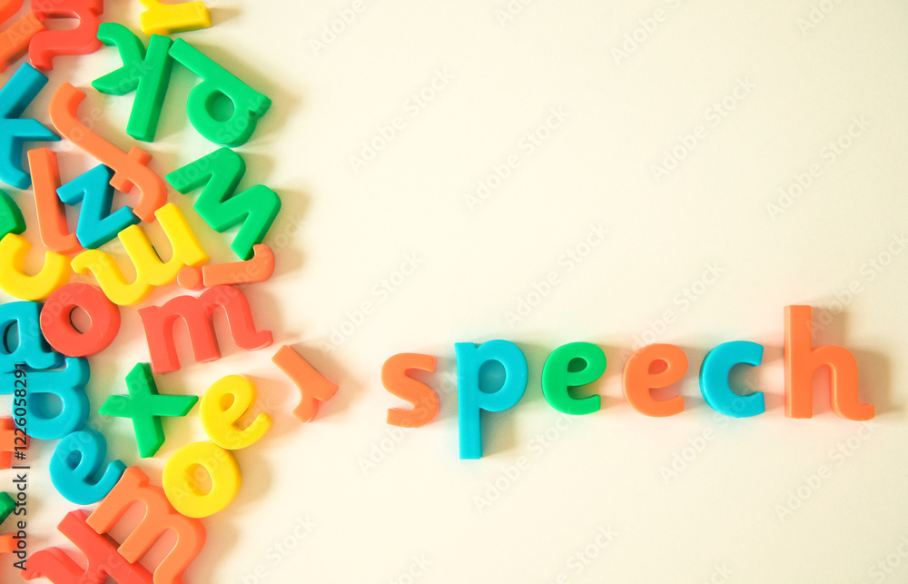 Speech word over warm white background formed from a bunch of scattered ...