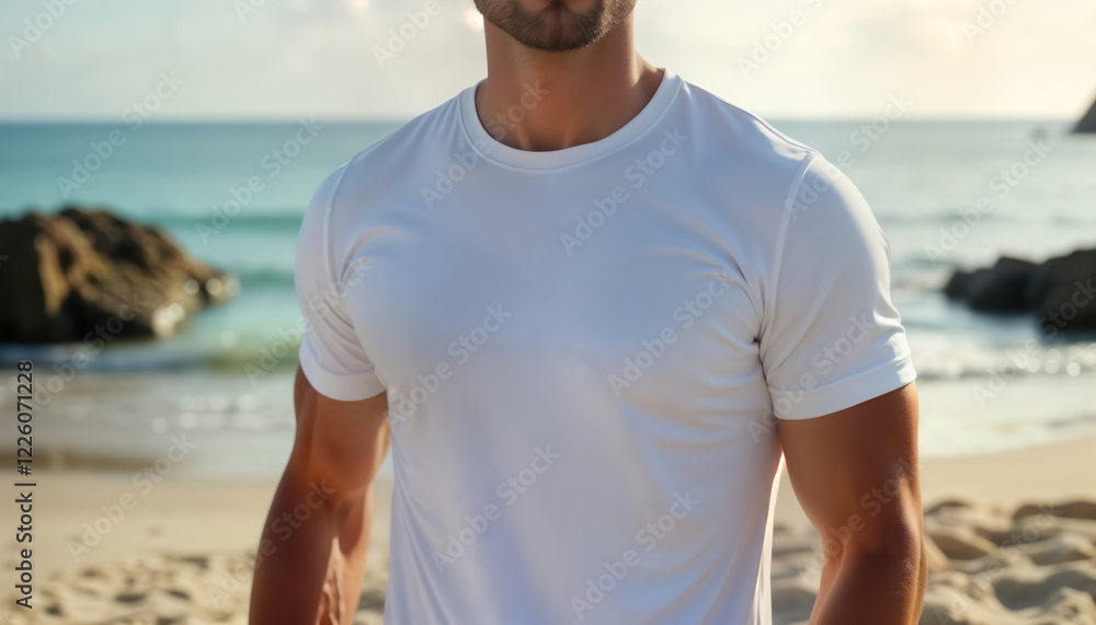 Man wears blank white t-shirt. Relaxed pose on beach. Calm ocean ...