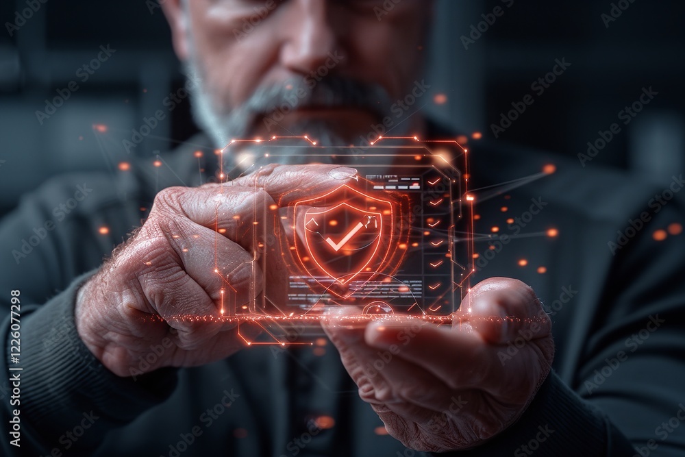 Expert in cybersecurity demonstrates protective technology with ...