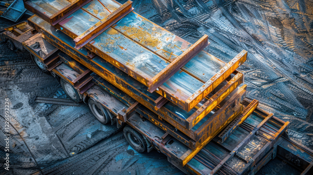 Heavy metal plates stacked on transport truck in industrial setting ...
