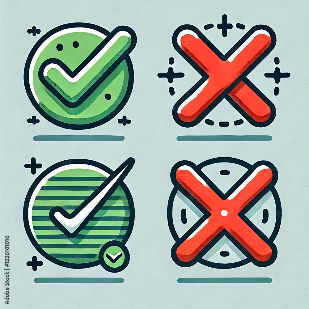 Green check mark and red cross mark icon set. Isolated tick symbols, checklist signs, approval ...