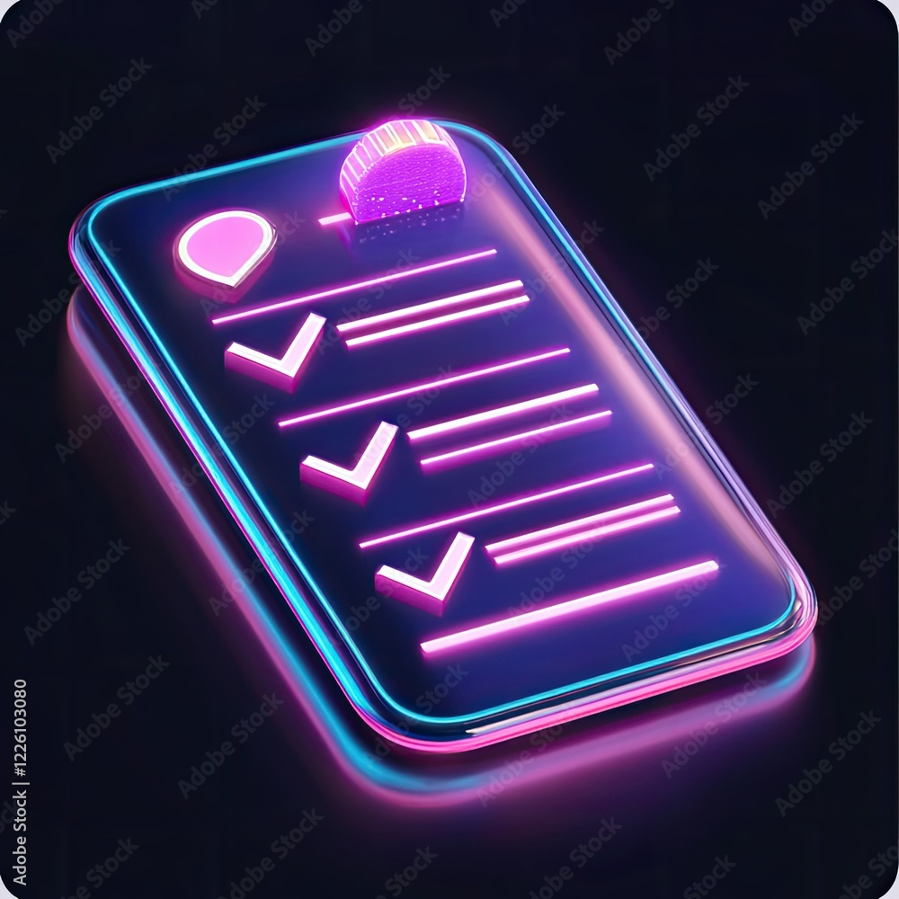 Neon checklist app icon with location pin and completed tasks. Stock ...