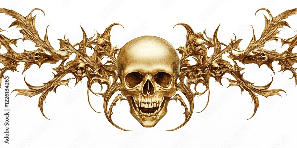 Vintage Golden Gothic Decorative Element with Skull Motifs and Thorn ...