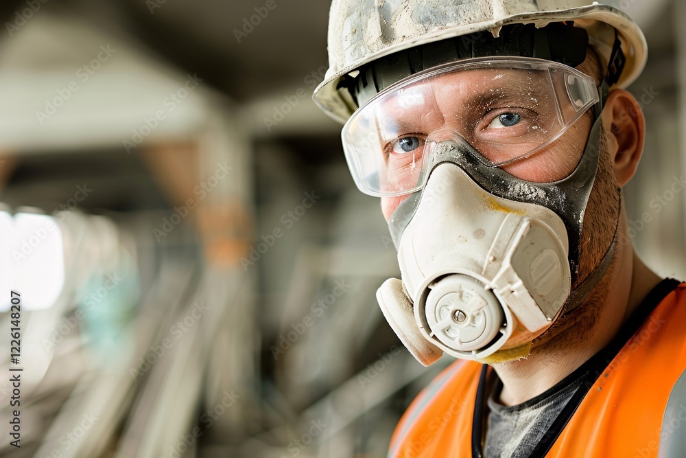 Construction worker wearing a respirator mask and safety glasses ...