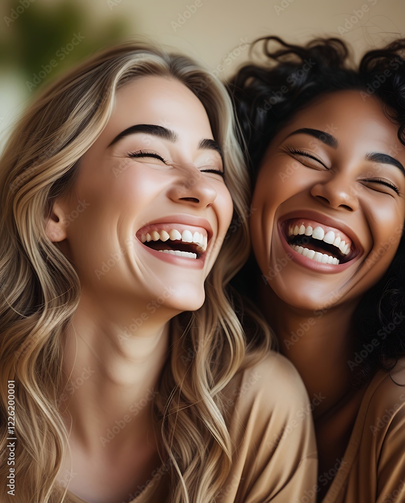 A heartwarming portrait of two young women laughing together, sharing a ...