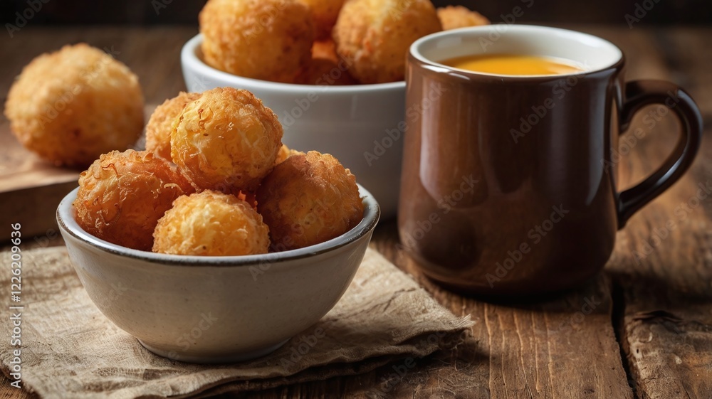 Fried cheese balls. Cheese balls in an old-fashioned mug. Serving ...
