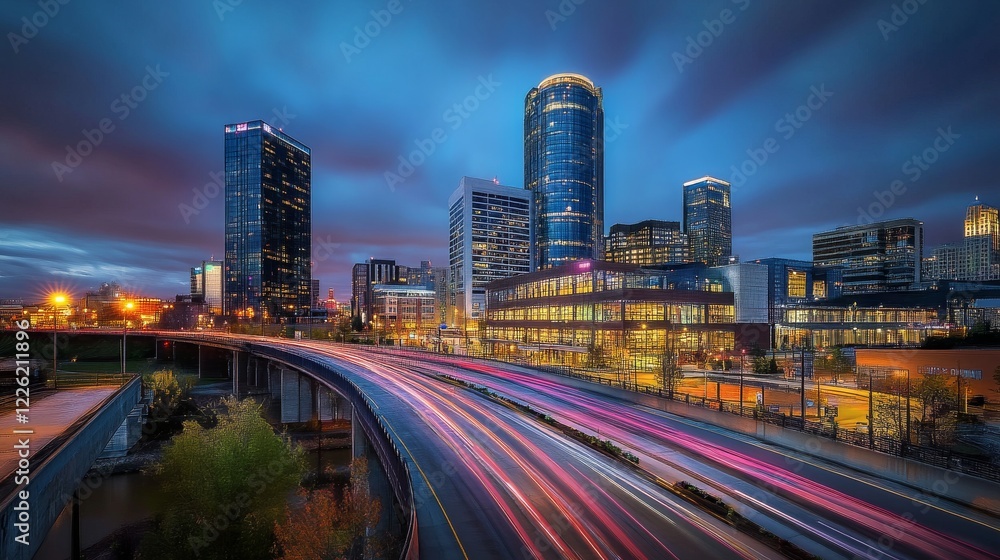 17.A dynamic nighttime scene of downtown Cincinnati, where modern ...