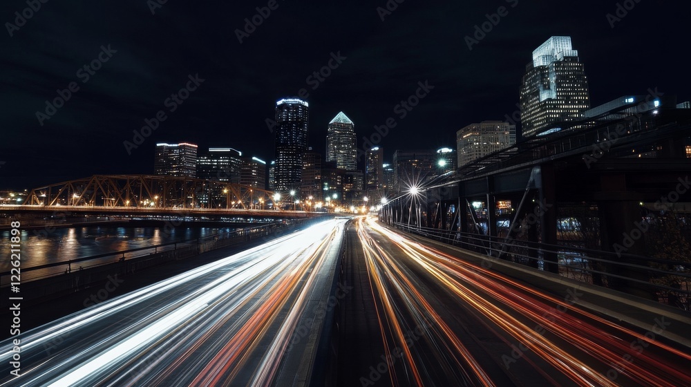17.A dynamic nighttime scene of downtown Cincinnati, where modern ...