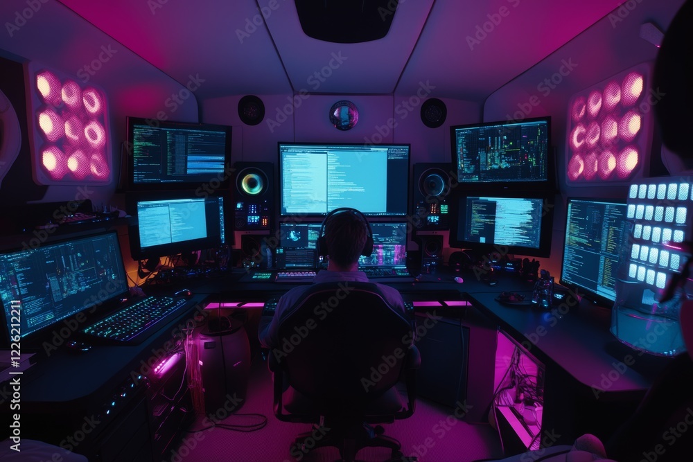 Modern tech workspace with multiple screens and ambient lighting for coding and gaming ...