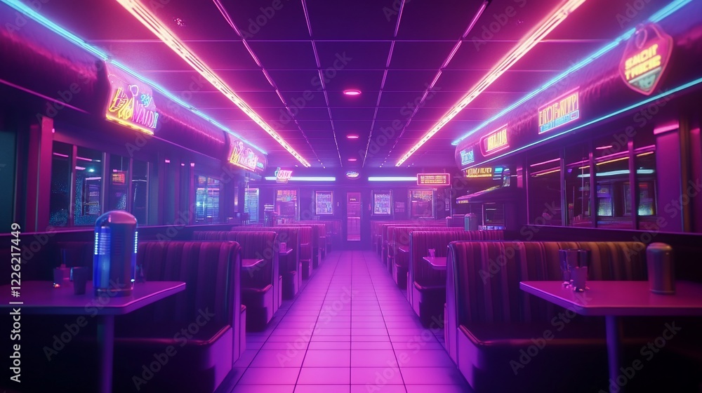 Retro diner interior with vibrant neon lights and a nostalgic 1980s ...
