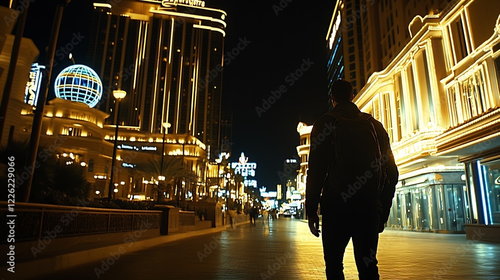 Person Walking at Night in Vibrant Urban Street with Illuminated ...