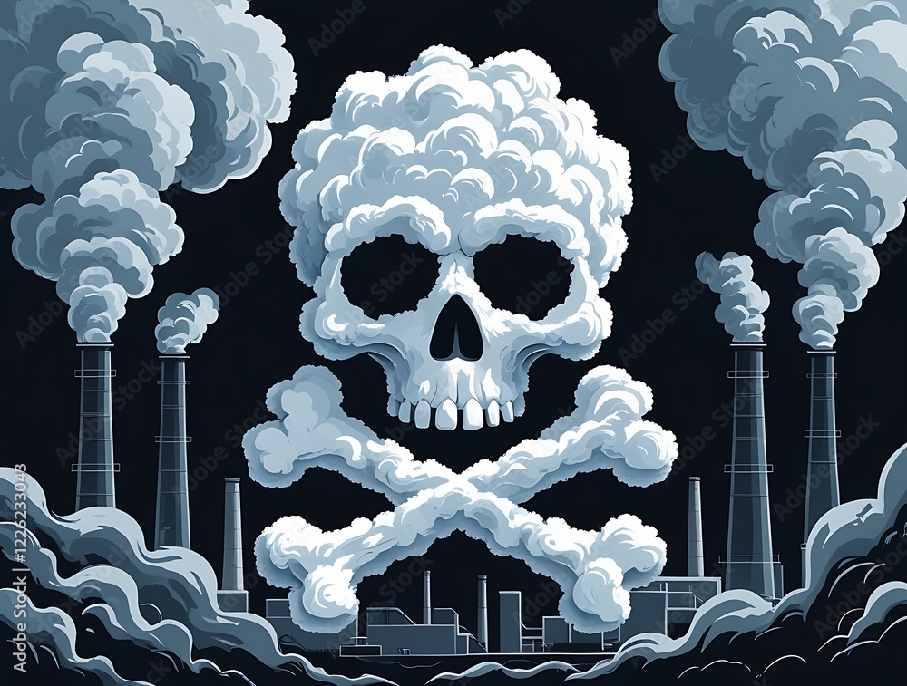 Artistic portrayal of air pollution with factory emissions forming a ...