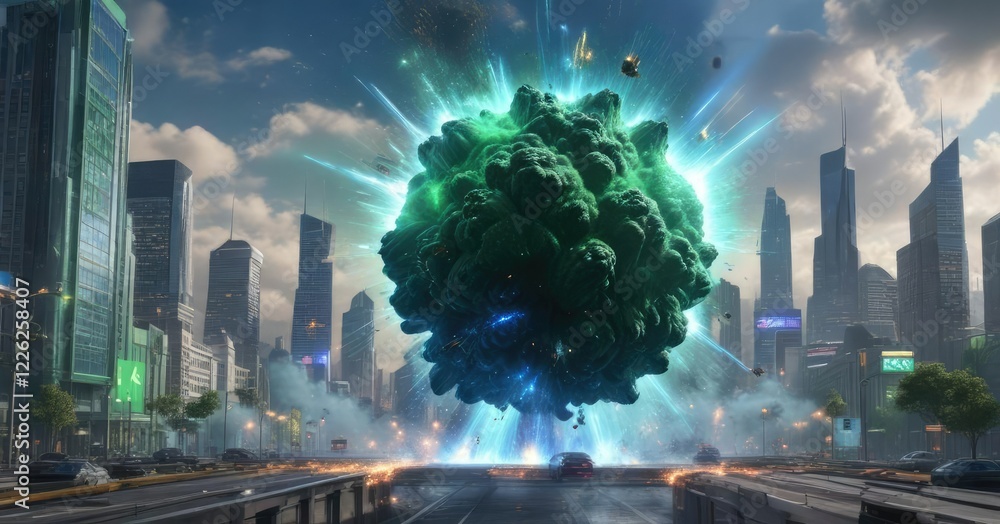 Green screen background with a large blue particle explosion in slow ...