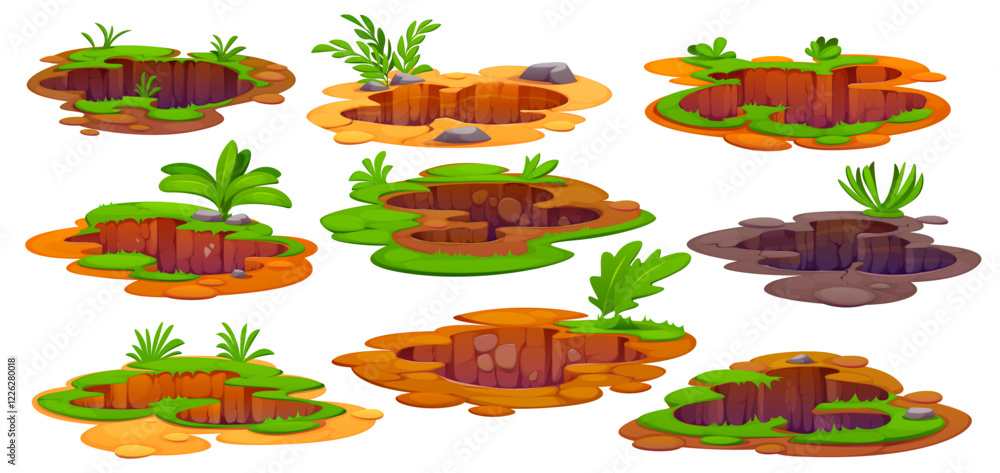 Cartoon ground holes, deep dirty pits and burrows surrounded by ...