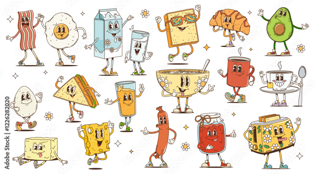 Retro cartoon groovy breakfast characters. Funny psychedelic drink and ...