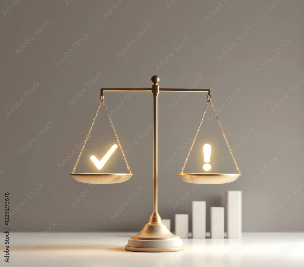 scene featuring a balanced scale with a glowing checkmark and warning ...