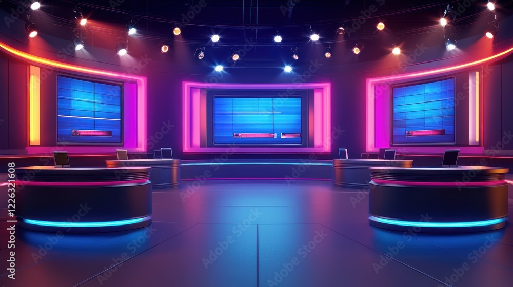 Modern TV studio set with neon lights and screens. Stock Illustration ...