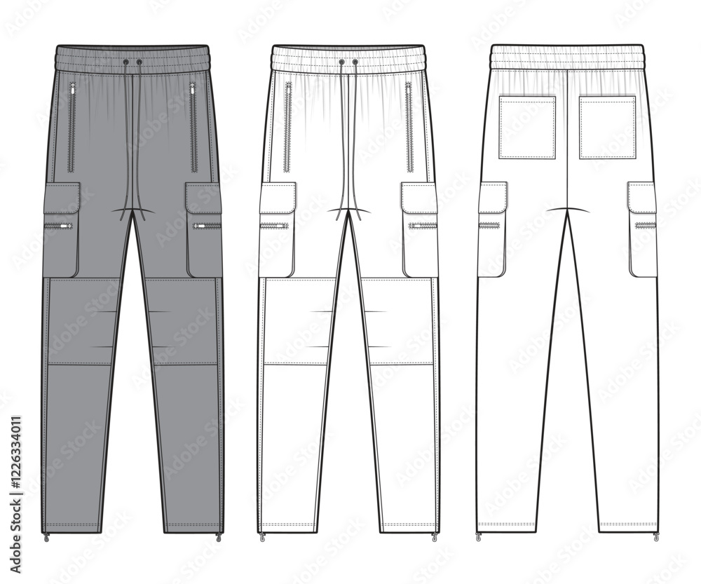Cargo pants front and back view technical flat sketch vector mockup ...
