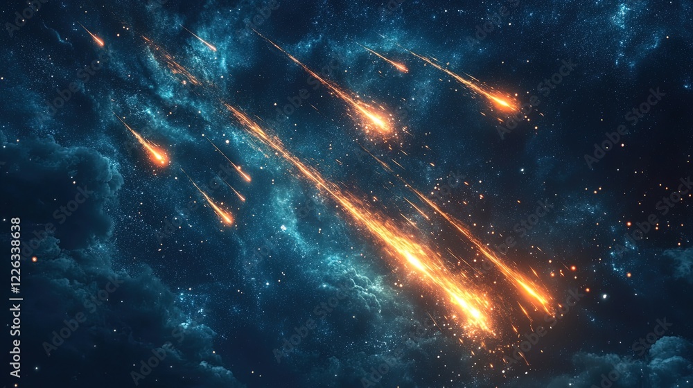 Meteor shower with fiery streaks crossing the night sky, intense energy ...