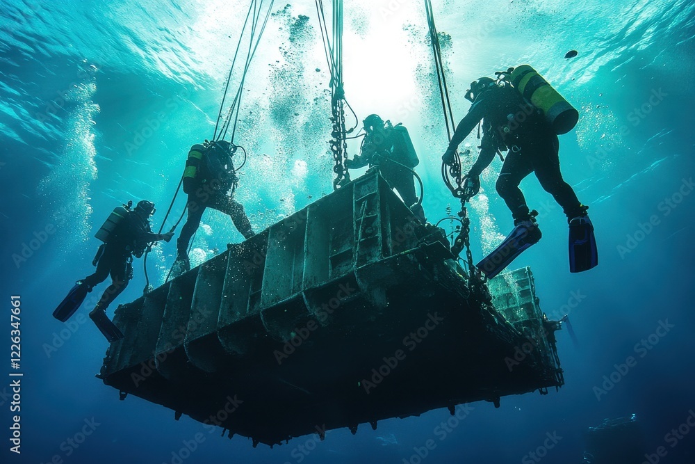 Divers raise a large underwater structure. Image depicts teamwork and ...