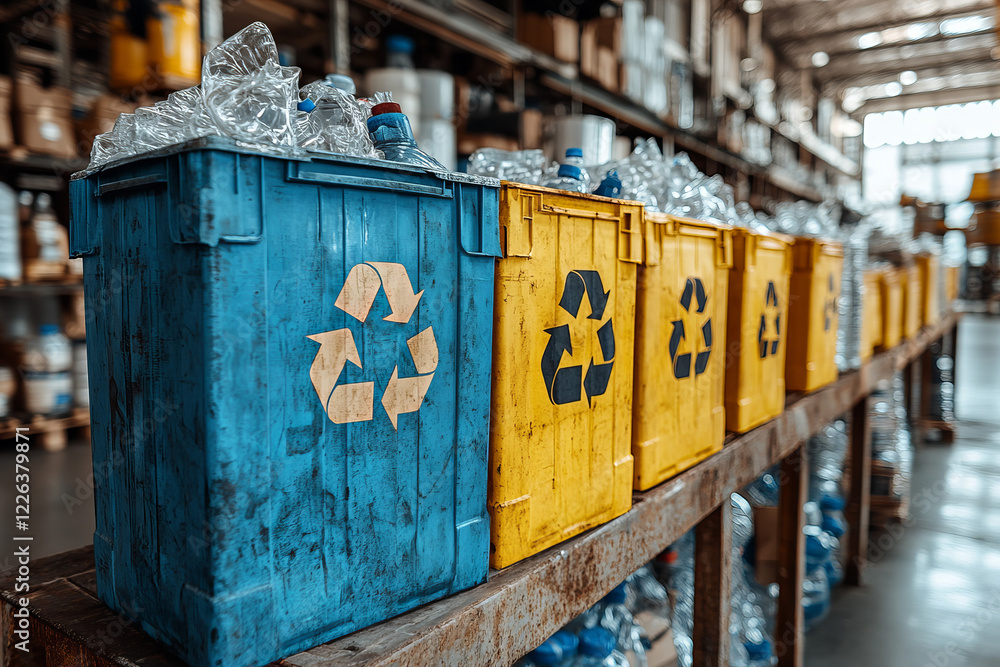 Recycling bins in warehouse, showcasing blue and yellow containers for ...