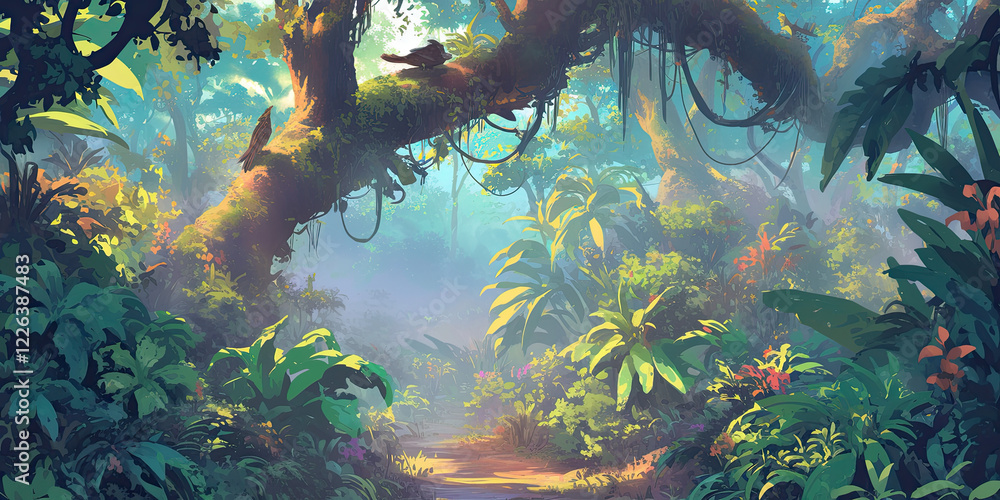 Anime style jungle background, deep rainforest green vibrant backdrop ...
