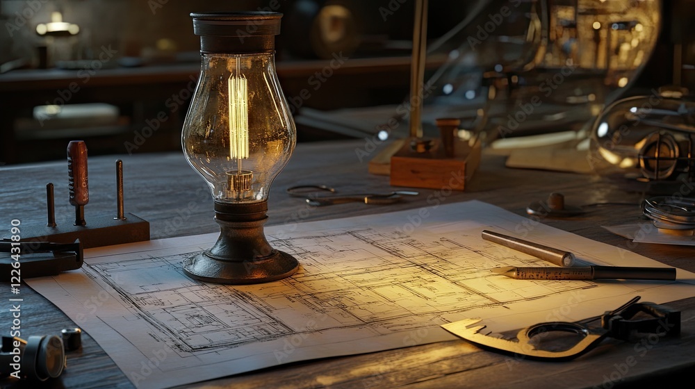 An old engineering workbench with blueprints, measuring tools, and a ...