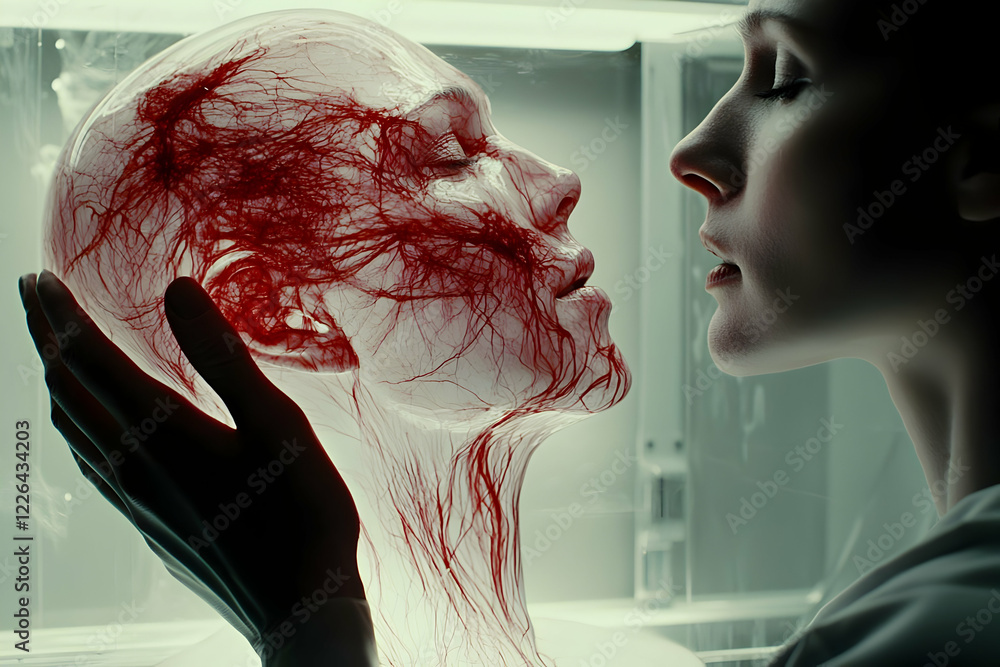 Woman examines translucent head, red veins visible, lab background ...
