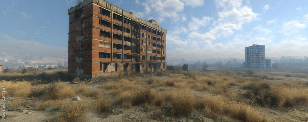 Ruined building, wasteland, distant city, game background Stock ...