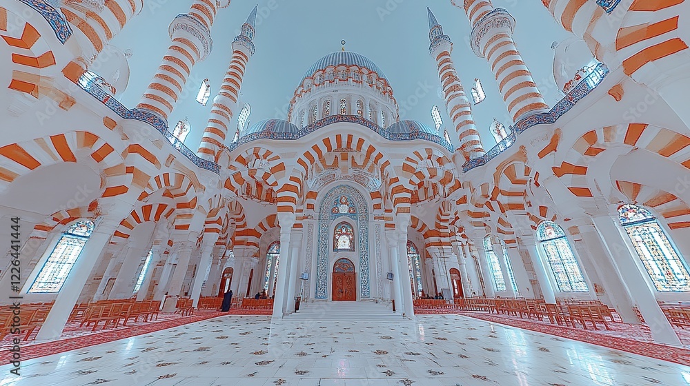 Mosque interior, ornate columns, prayer hall, city skyline, 360 ...