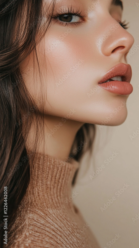 a 25 years old girl with lip filler, show back view, and face turn to ...