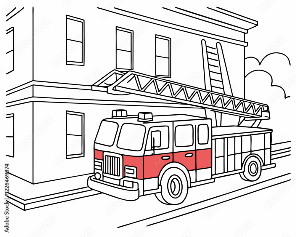 Fire truck, building facade, ladder extended, line drawing, coloring ...