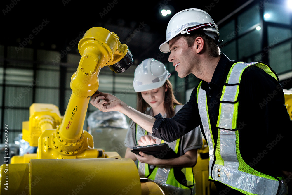 team engineers inspecting on machine with smart tablet. Worker works at ...