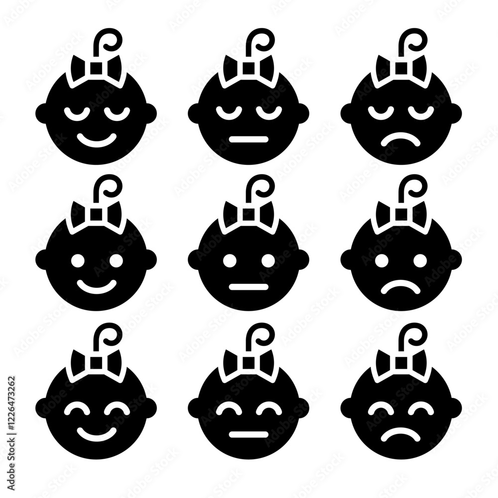Baby face emotions line icon set. Baby girl facial expression. Newborn ...