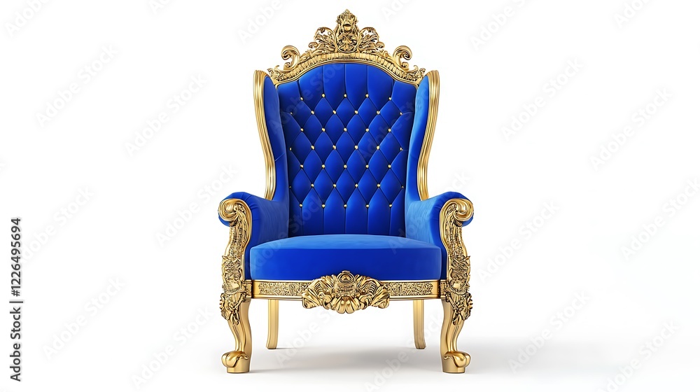 Royal blue velvet throne chair with gold frame isolated on white ...