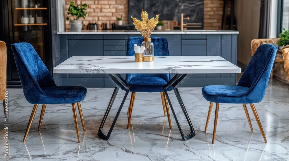 Modern marble dining table, blue chairs, kitchen background Stock Photo ...