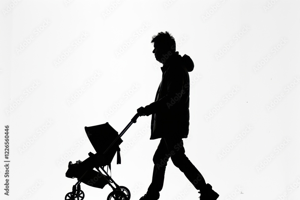 A silhouette of a father pushing a stroller. A monochromatic image ...